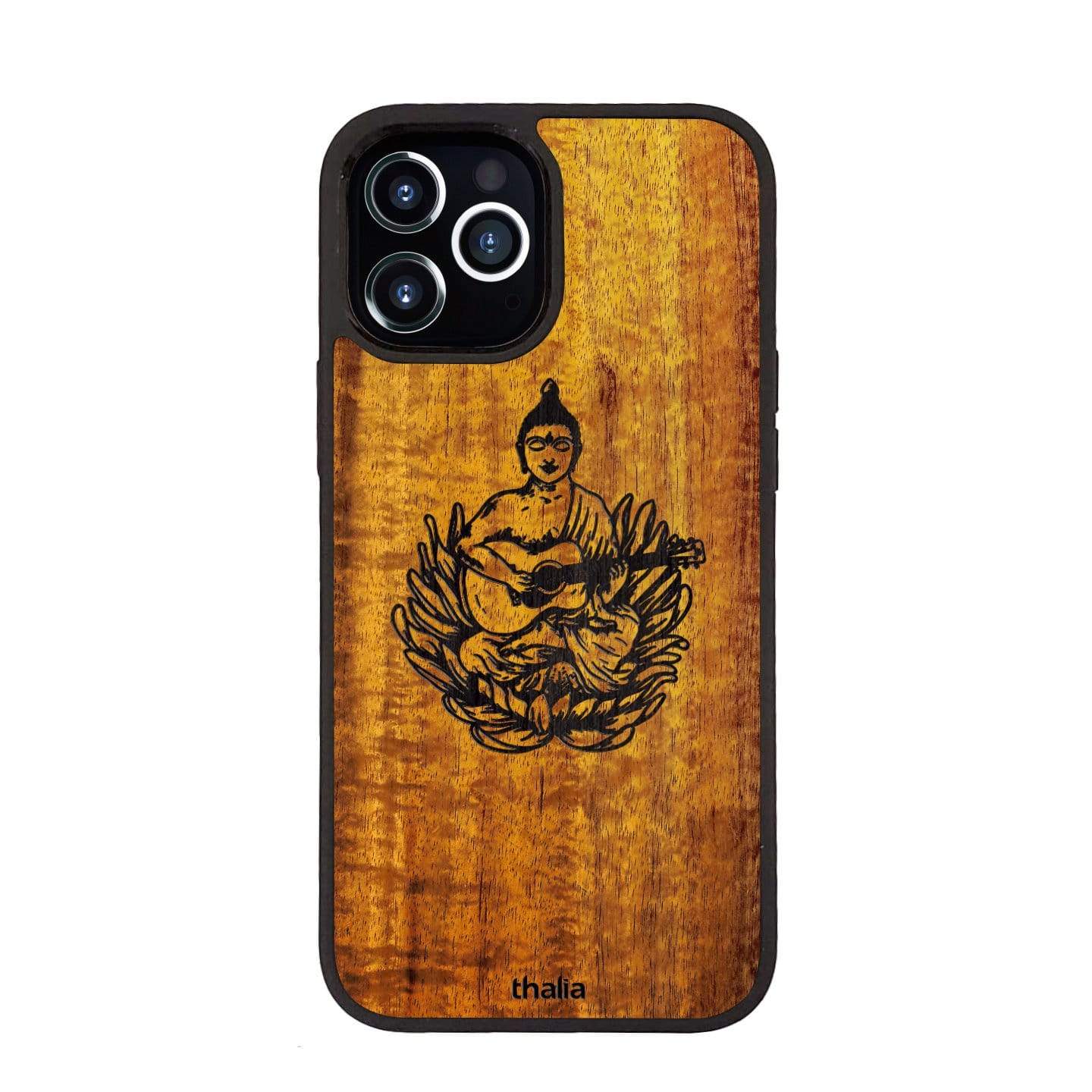 Hawaiian Koa Buddha Playing OM Guitar Engraved Phone Case | Thalia ...